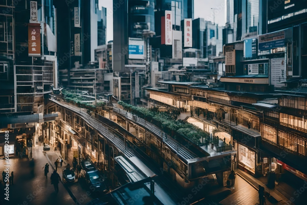 e level photo of a dense and pedestrianized city with modern Neo ...