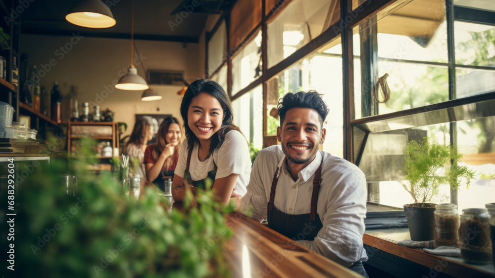 Couple workers working in the cafe background. Row of business persons ...