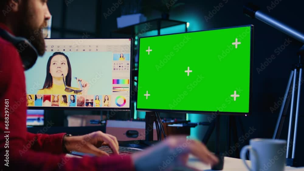 Freelancer working on green screen PC on digital portfolio showcasing ...