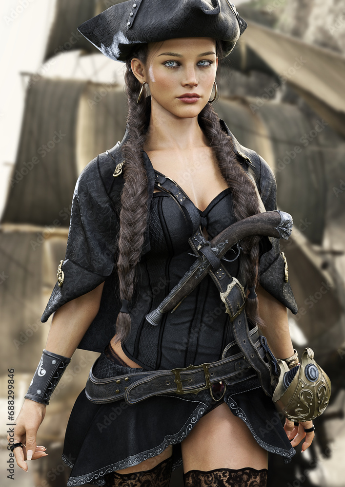 Portrait of a brunette braided female pirate dressed in black and armed with a flintlock pistol ...