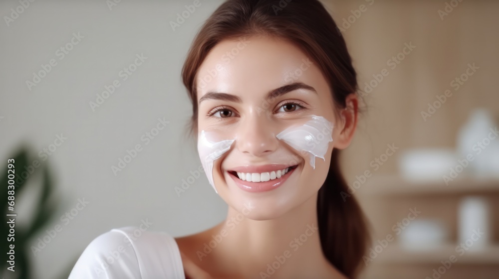 Beautiful woman smile use cream for good skin. face of a healthy woman ...