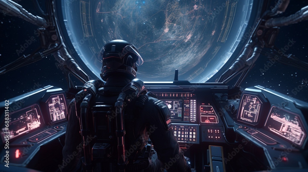 An astronaut inside a spacecraft cockpit, operating complex controls ...