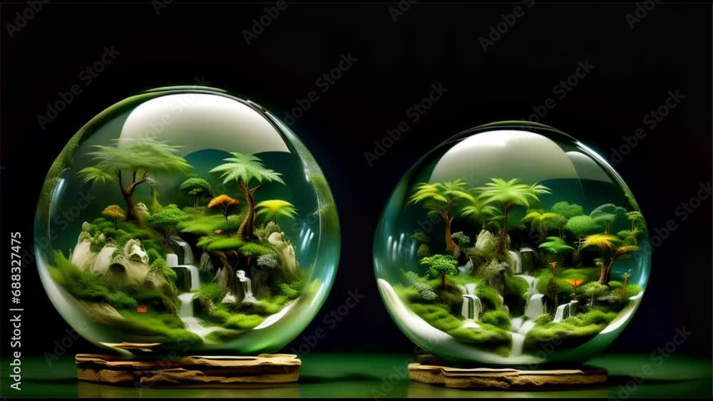 Miniature terrariums encapsulated within two glass spheres, each ...