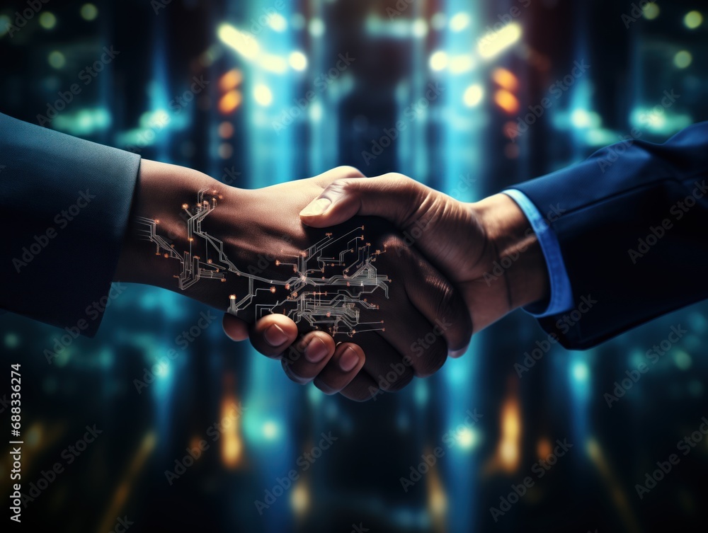 a conceptual handshake between two people, with one hand made of human ...