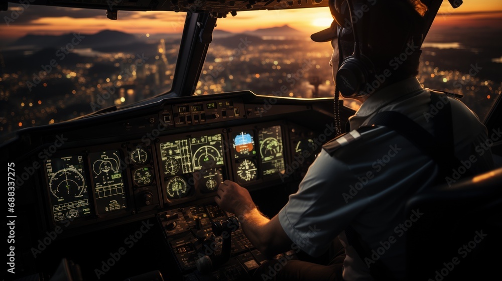 An aerial view of a cityscape at twilight is seen from the cockpit ...