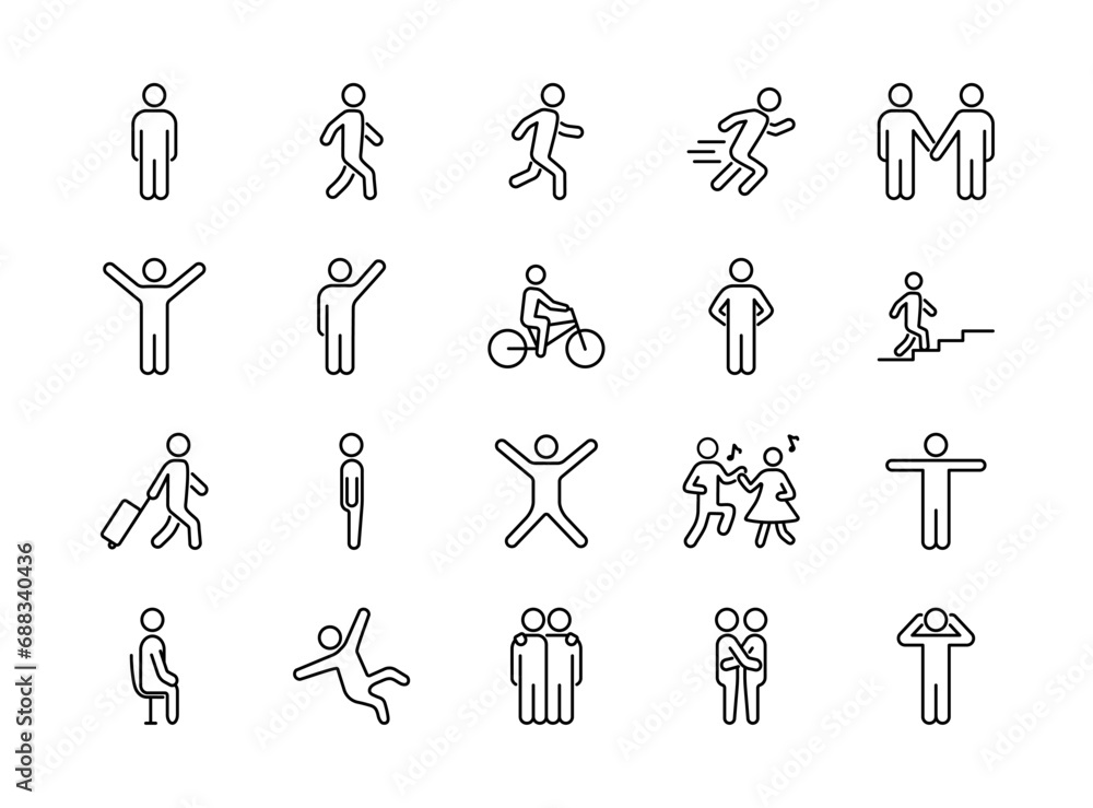 Set of people line icons. Person walking, running, jumping, dancing ...