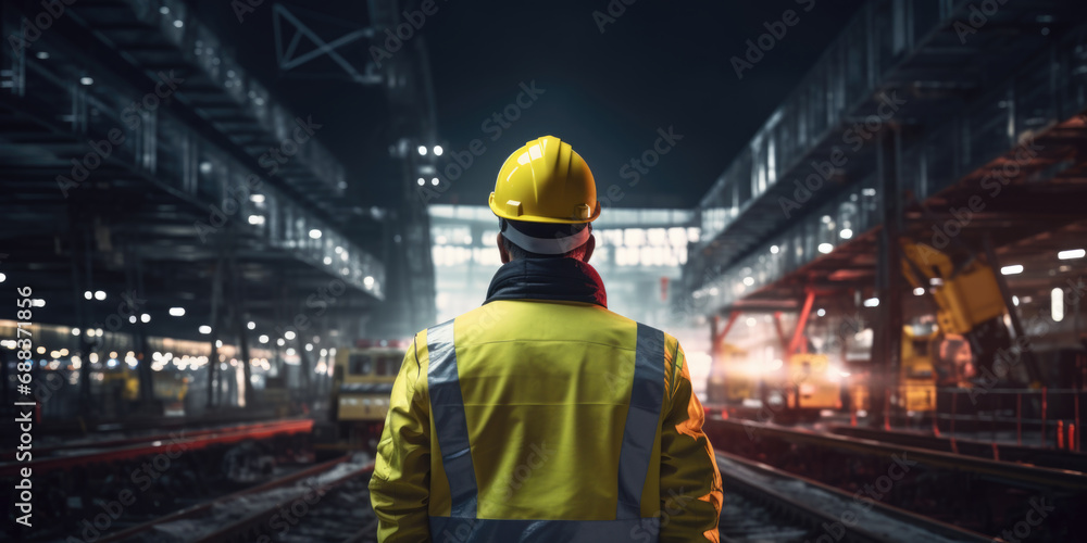 Back of safety inspector with neon yellow safety west and helmet Stock ...