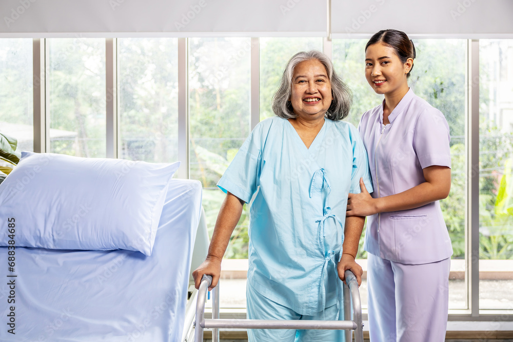 Female nurse helping elderly female with walking frame stand up from ...