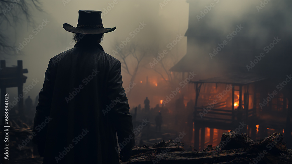 cowboy view from the back, wild west, retro landscape in the town ...