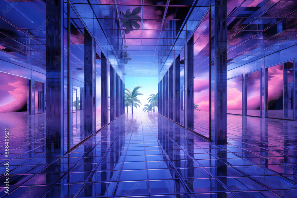 Liminal space 1990s style 3d computer graphics scene, reflective blue ...