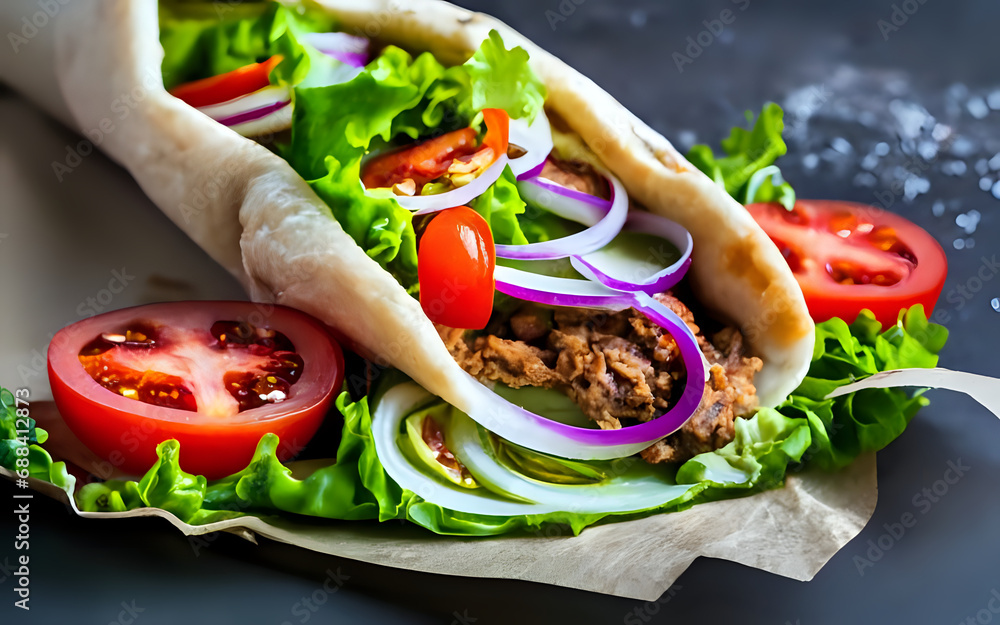 sandwich with vegetables, Delicious gyros fast food in flatbread ...