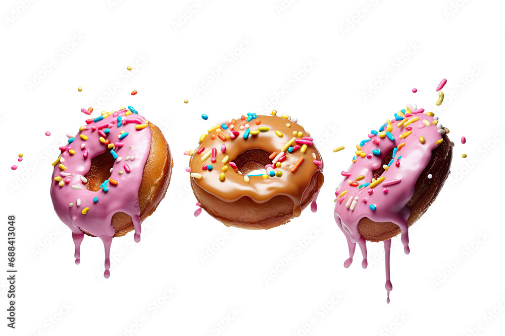 Donuts with icing, crumbles and sprinkles that flying isolated on ...