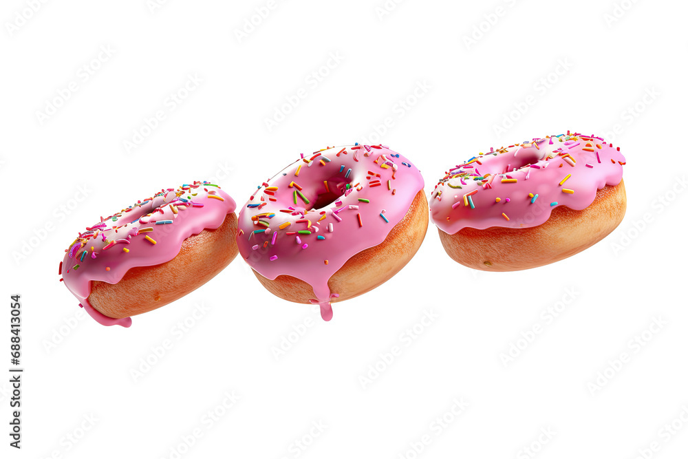 Donuts with icing, crumbles and sprinkles that flying isolated on ...