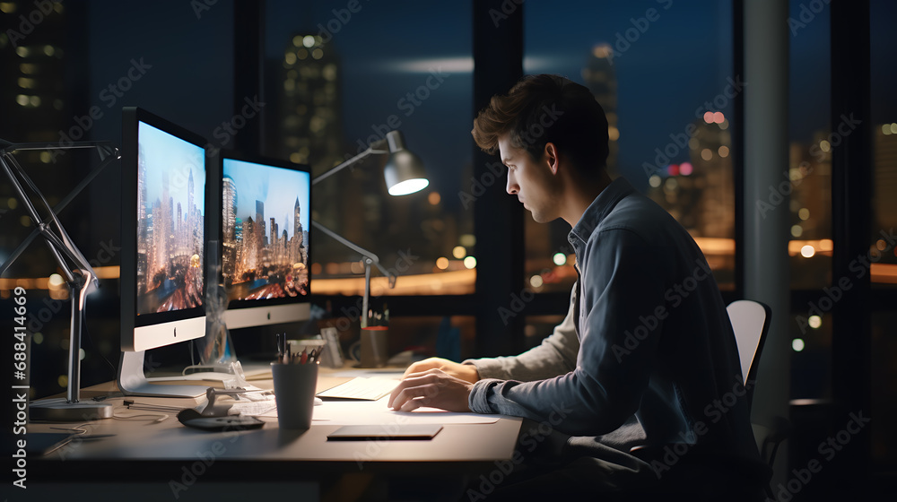 Male programmer working in front of computer on desk in office room ...