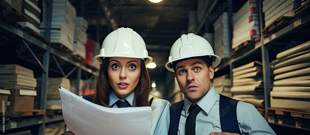 Co-workers inspecting files while wearing helmets. Junior worker ...
