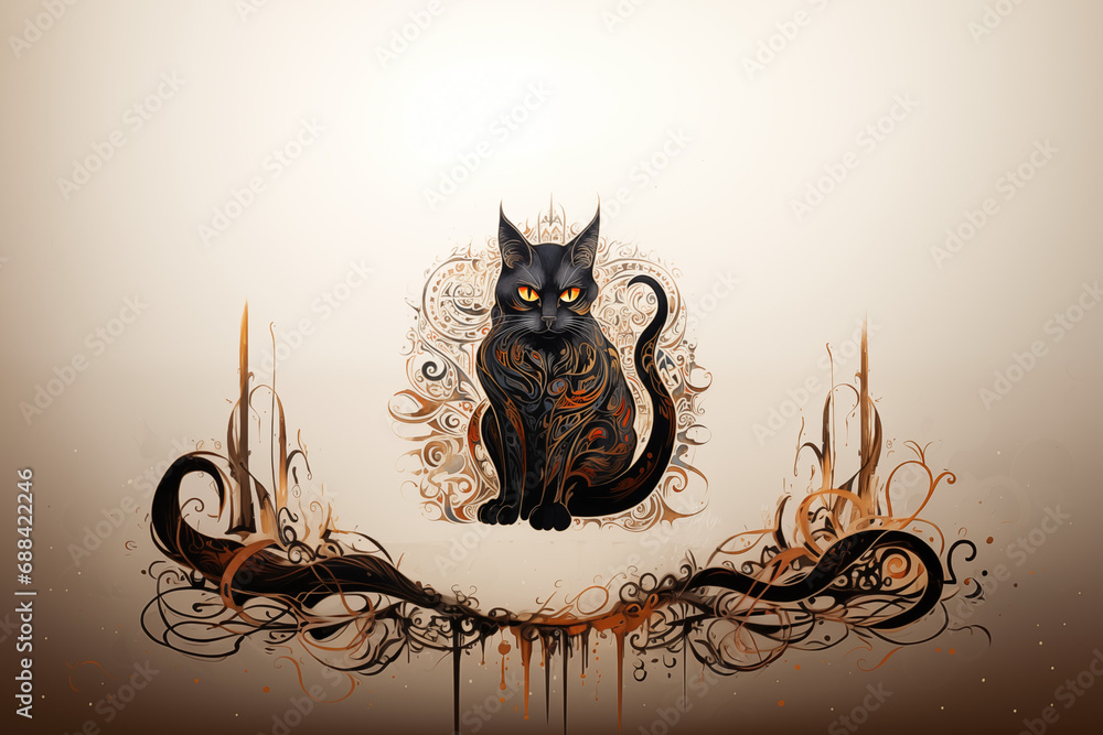 dessin stylisé d'un chat, dans le style des calligraphies perses ...