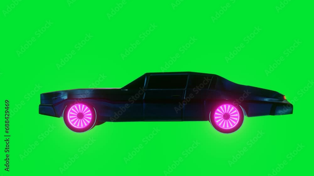 stylized model of a passenger car driving on a green background. 3D ...