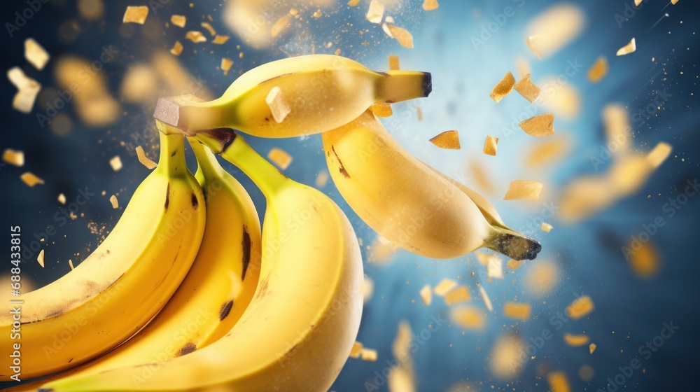 a bunch of ripe bananas flying through the air with confetti falling ...