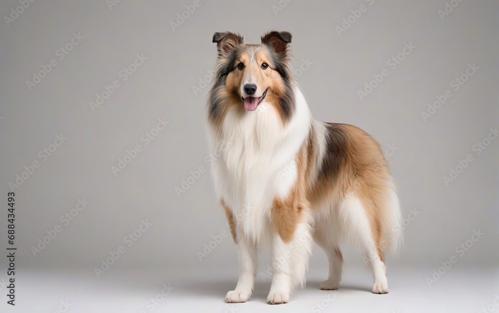 Perro de raza Rough Collie o Pastor Escocés de pie sobre fondo blanco ...