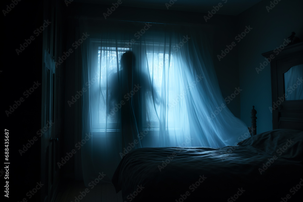 Horror silhouette of an unknown shadow figure in window at night. Stock ...