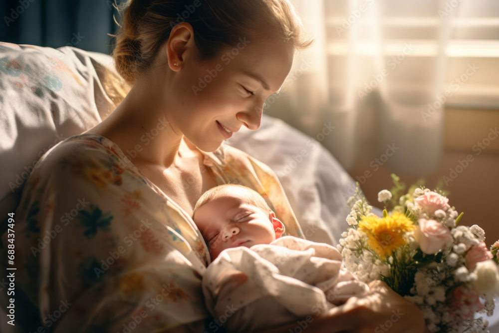 Beautiful young mother holding her newborn in maternity ward after ...