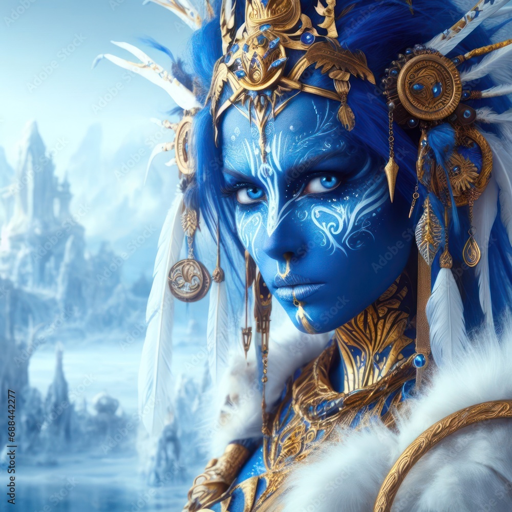 fantasy blue skinned alien woman with facial markings and gold headress ...
