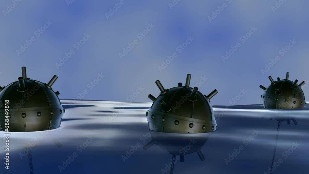 A 3D animation of a sea mine, also known as a naval mine, depicts a ...