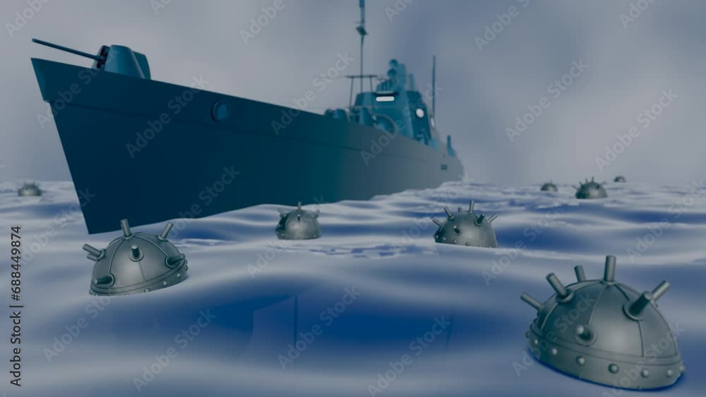 A 3D animation of a sea mine, also known as a naval mine placed in ...