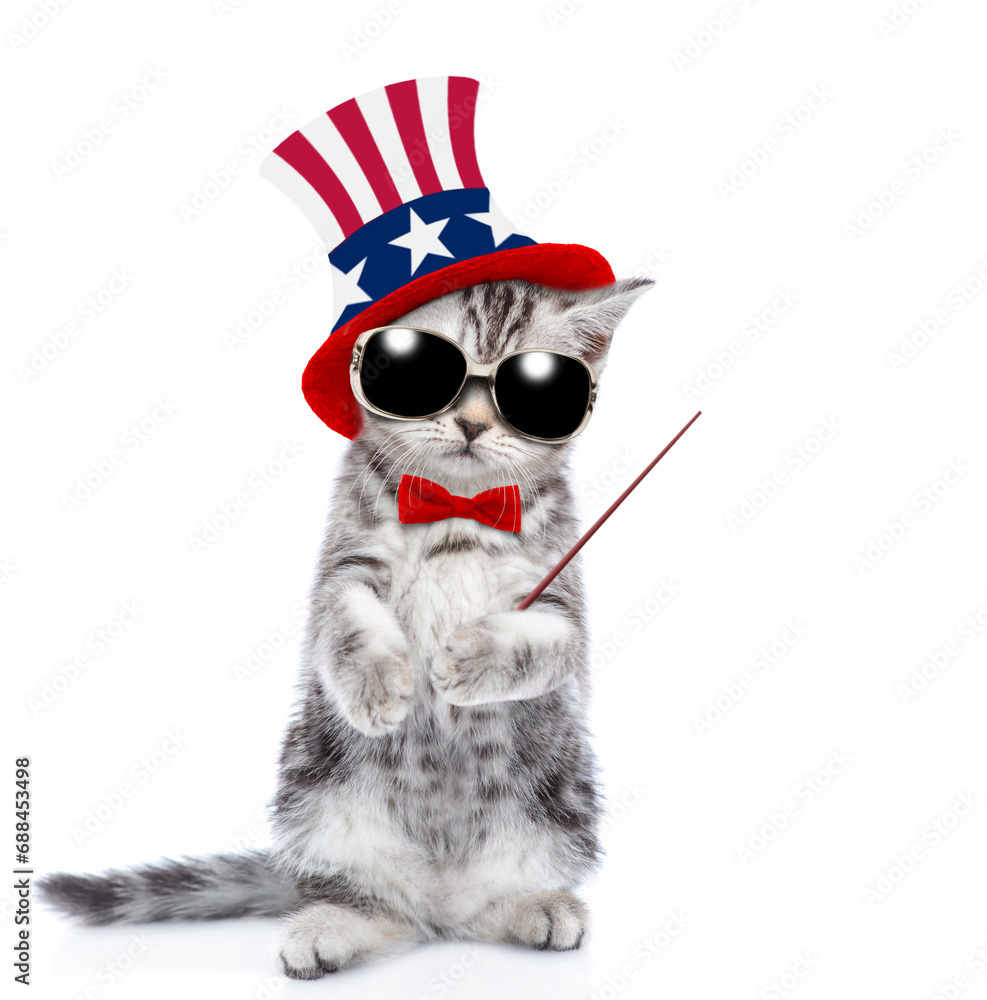 Cute kitten wearing like Uncle Sam points away on empty space. isolated ...