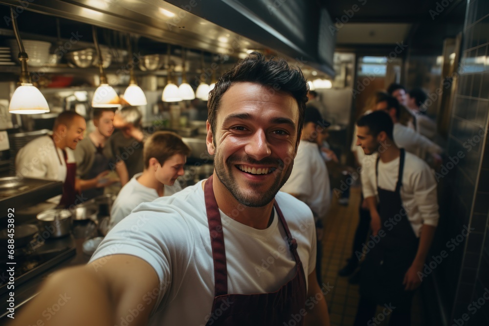 Selfie of a chef in a crowded restaurant kitchen. Take a selfie. Take ...