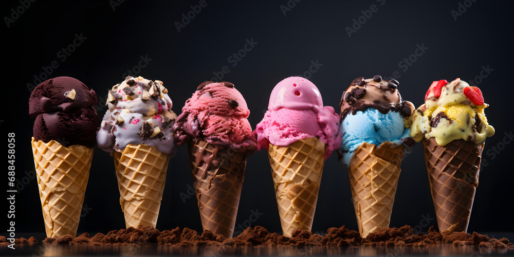 Variants of ice cream with berries in a waffle cup on a black ...