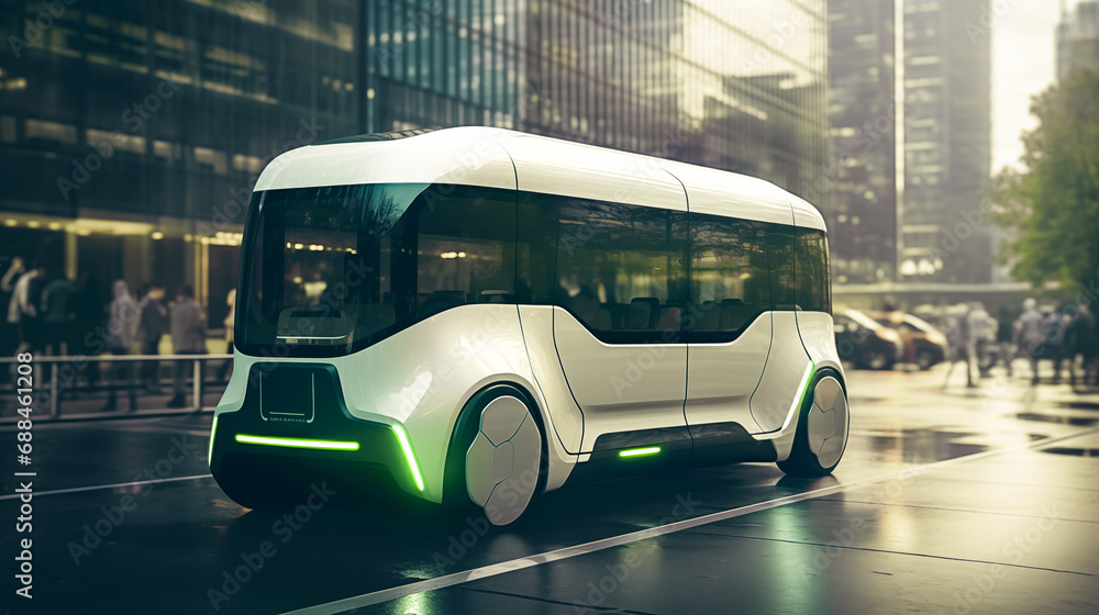 Futuristic Self-Driving Bus on a City Street, Smart Public Transport ...
