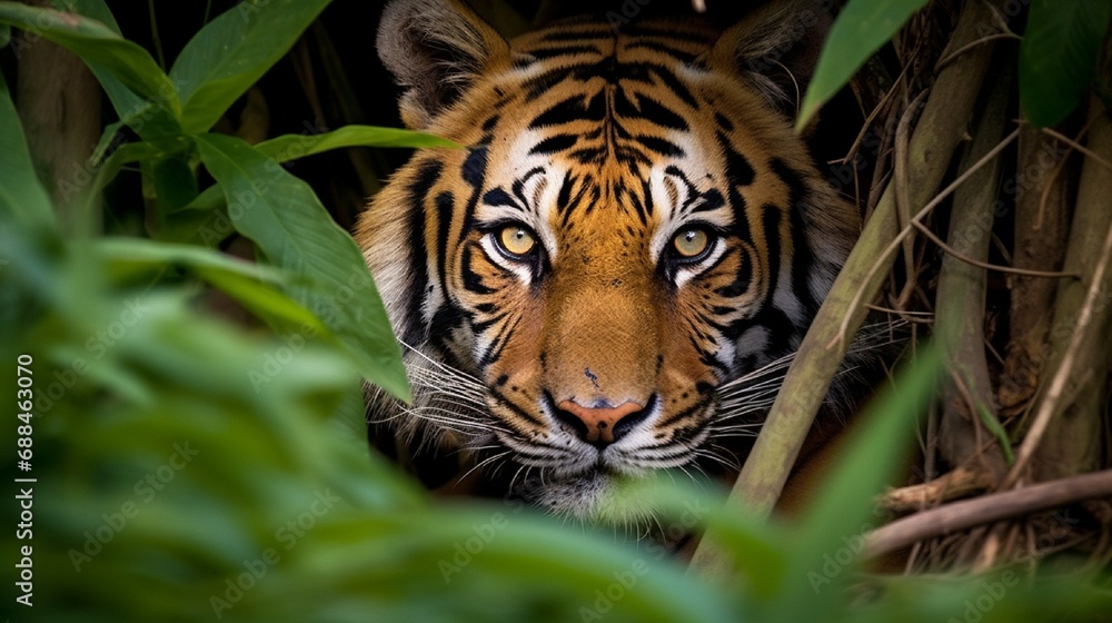 This Malayan Tiger peers through the branches as it stalks another ...