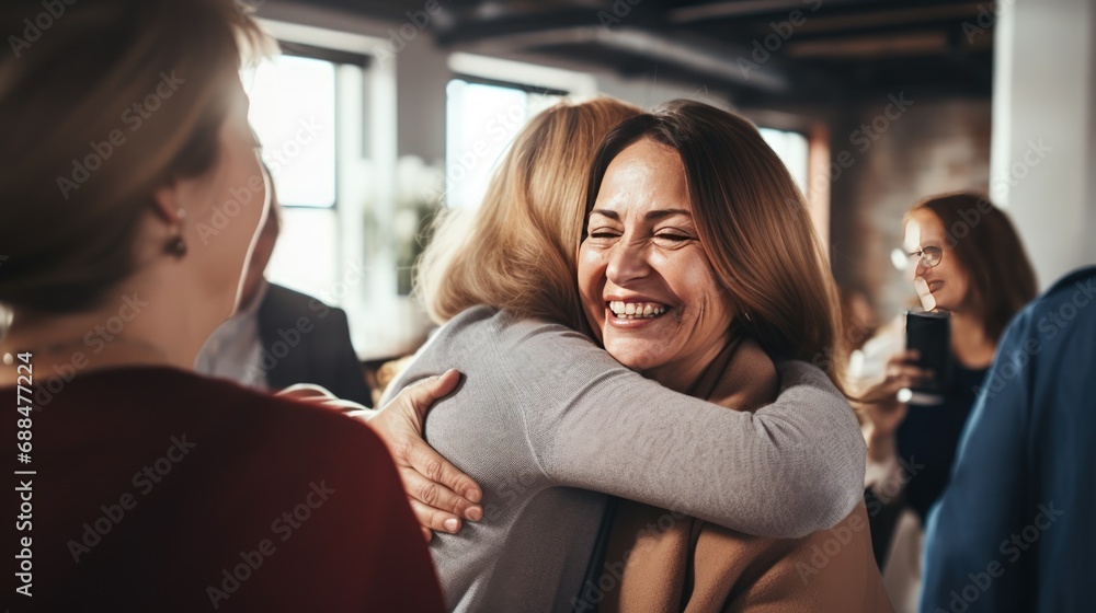 Multiethnic group of women join in collective hug showing unity and ...