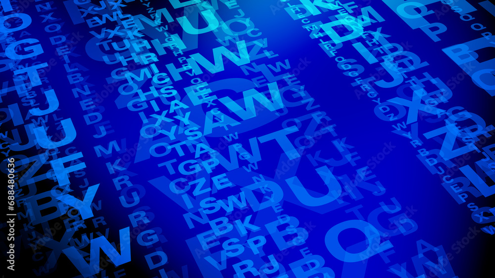 Blue background with random letters typography pattern for creative ...