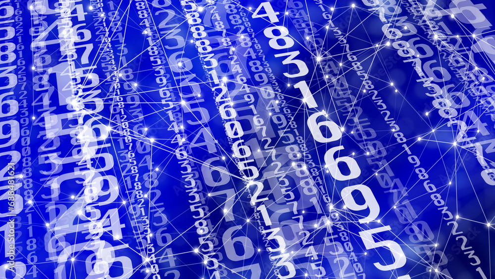 Data Science Numerical Algorithm For Counting Random Numbers Connected By Lines On Blue