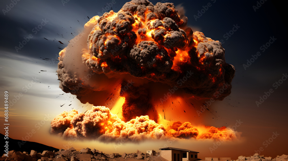 Terrible explosion of a nuclear bomb with a mushroom in the desert ...