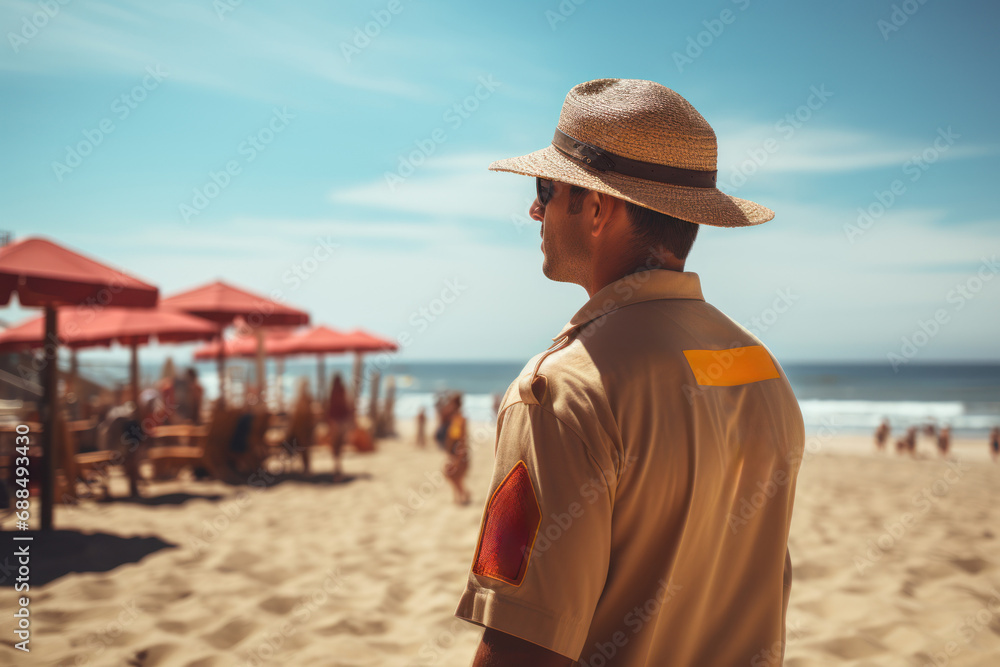 A lifeguard scanning the horizon on a beach, exemplifying vigilance and ...