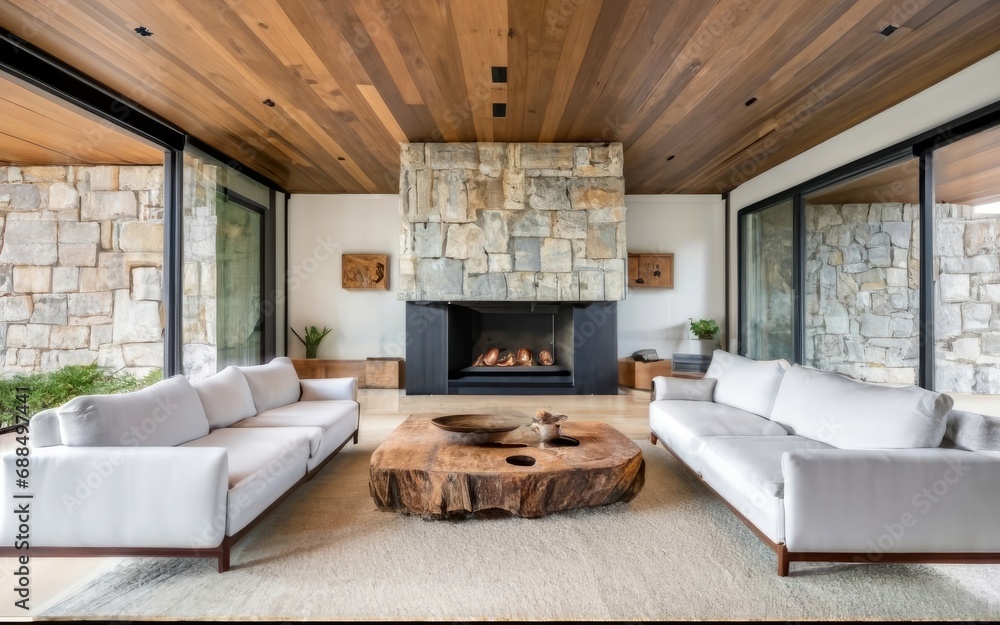 Wooden live edge accent coffee table between white sofas by fireplace ...