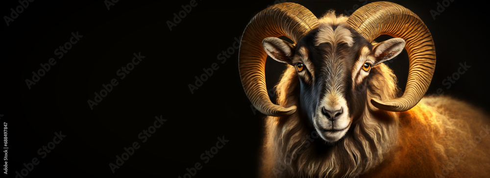 Portrait of a beautiful ram with large helix shaped horns, looking at ...