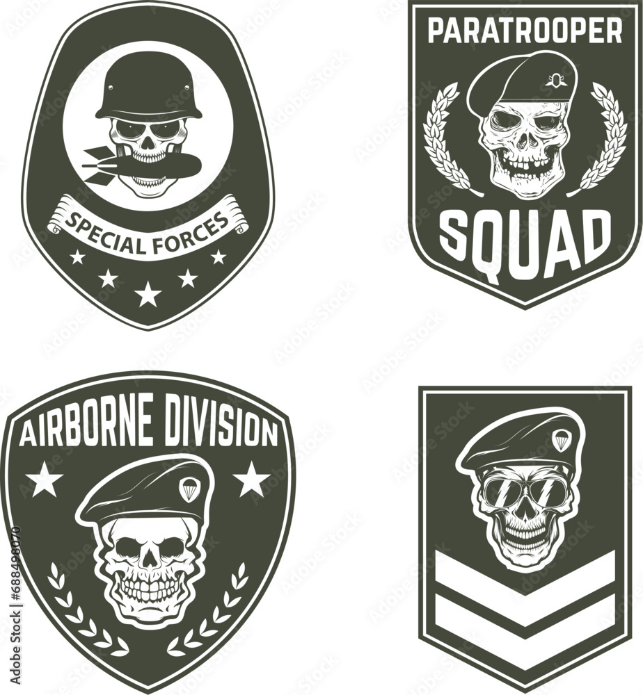 Set of military emblems templates. Skull in paratrooper beret. Skull in ...