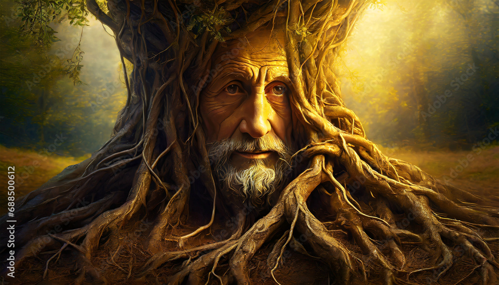 Old twisted roots coming out of the ground, transforming into the face ...