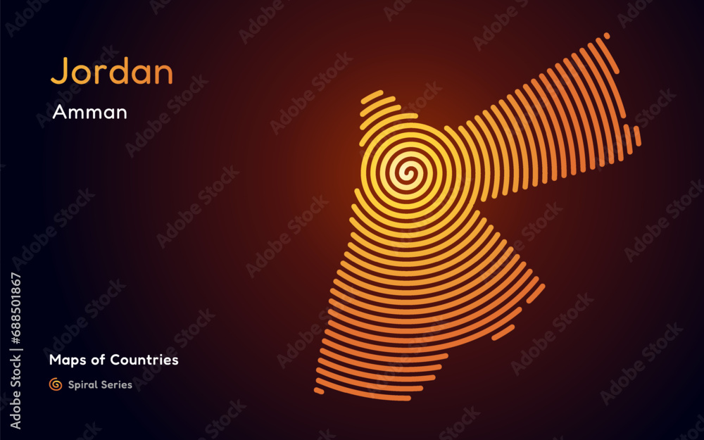 Abstract gold map of Jordan with circle lines. identifying its capital ...