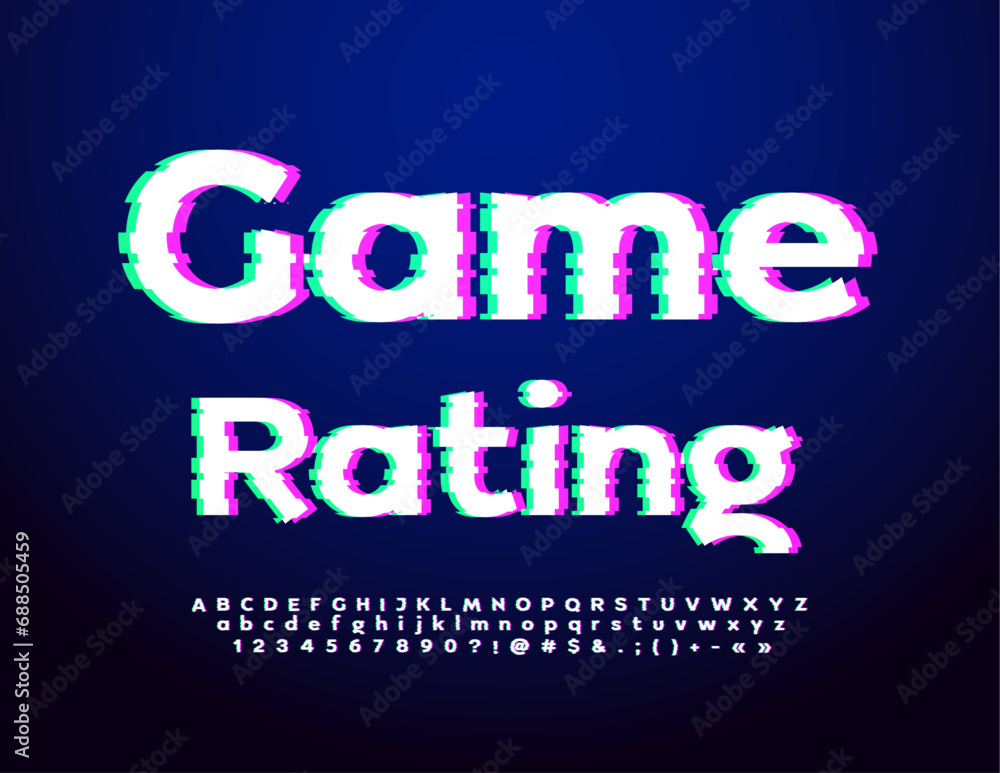 Vector modern icon Game Rating. Bright Glitched Font. Trendy Glowing ...