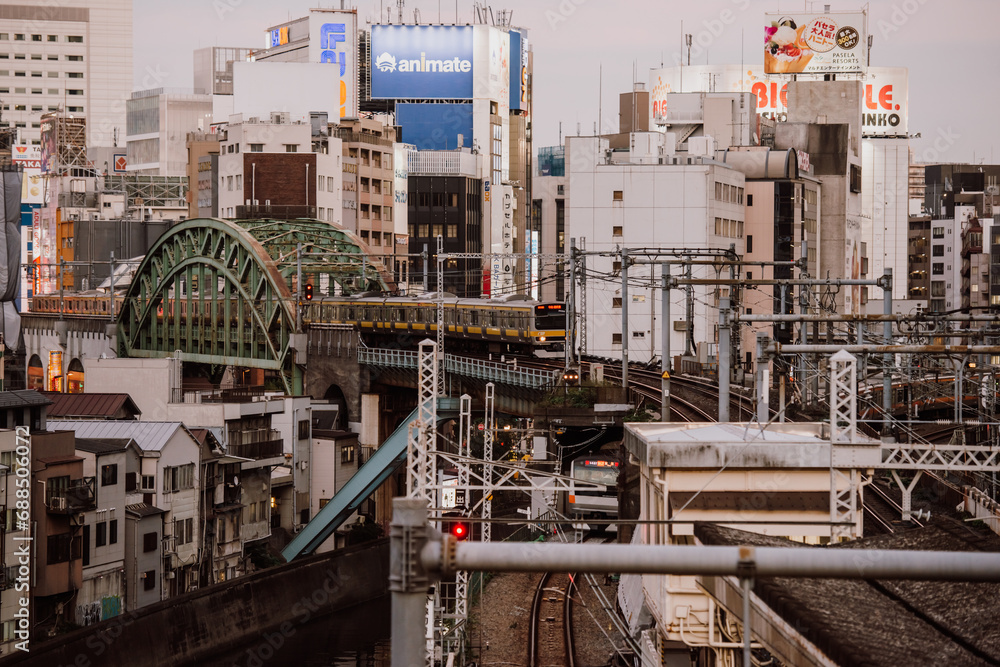 View of a subway and railway tunnels and bridge in Akihabara district ...