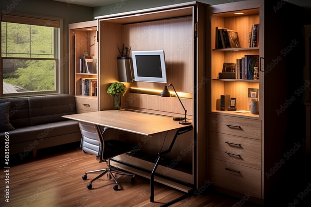 A compact home office with a fold-down desk, built-in storage, and a ...