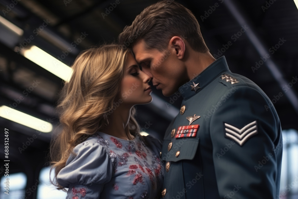 Couple in love, military man soldier and wife kissing at the station ...
