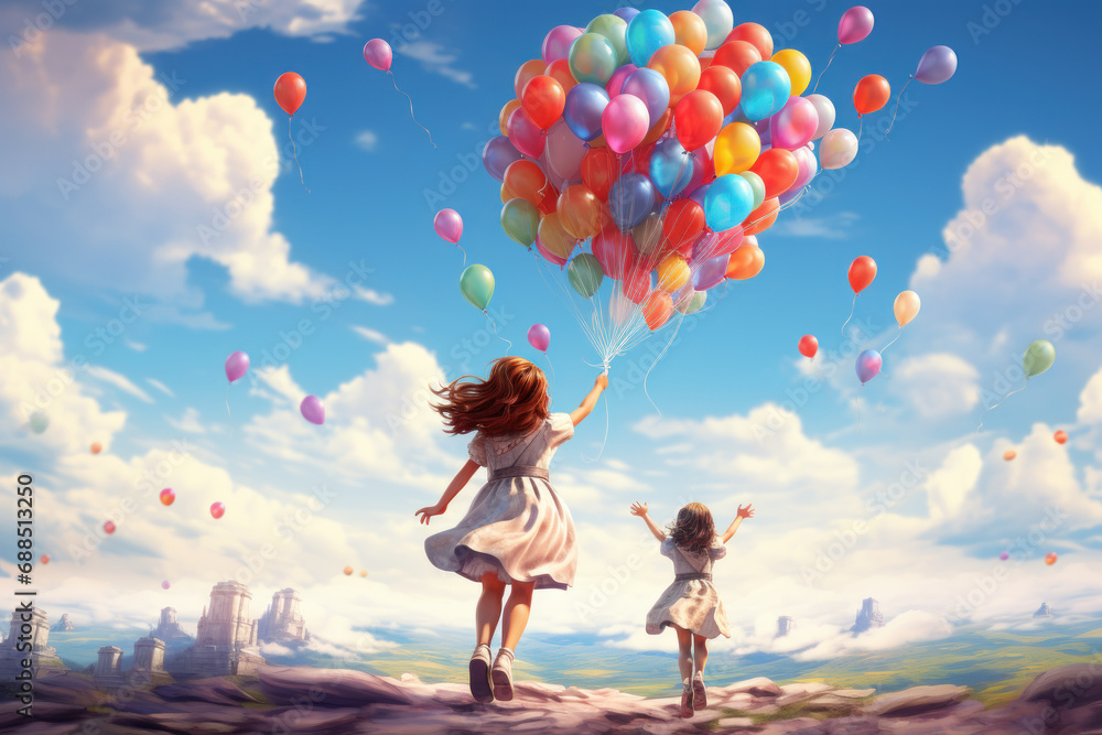Whimsical illustrations of girls with balloons in hand, floating above ...