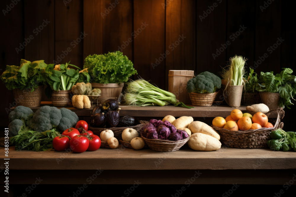 A rustic wooden table adorned with a spread of fresh farmers' market ...