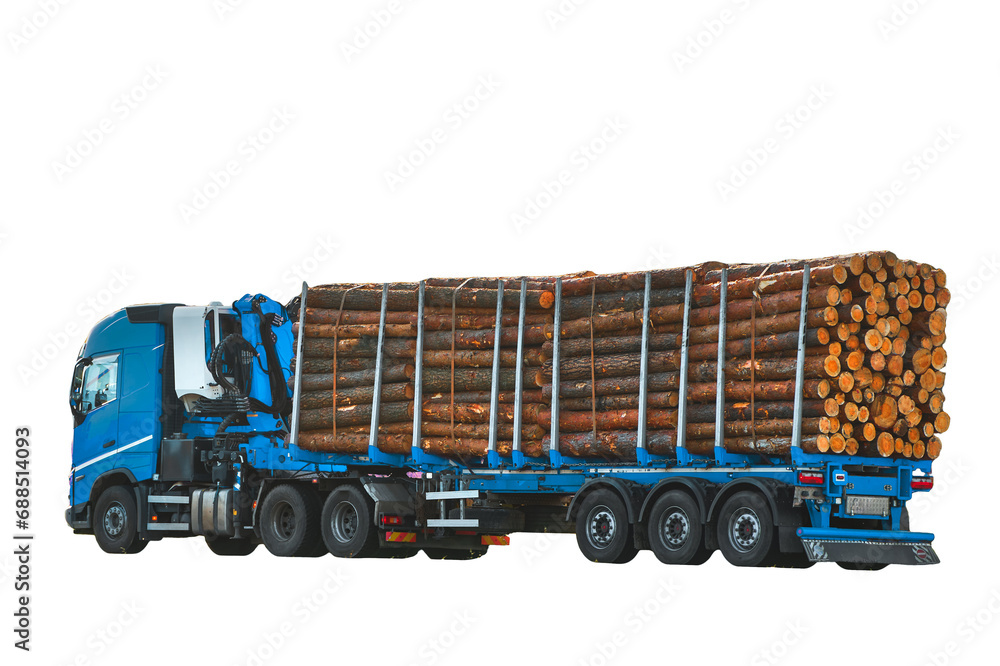 Isolated on a white background Truck Carrying a Heavy Load of Wooden ...